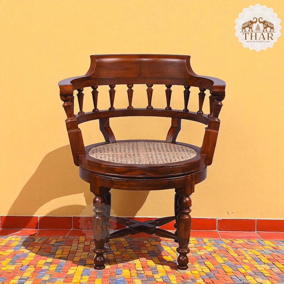 Antique-Style Teak Wood Revolving Chair with Cane Finish – Swivel Seat ...